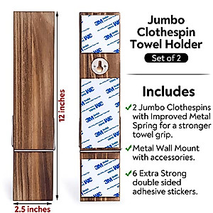 Jumbo Clothespin Bathroom Towel Holder - 2 Pieces Giant Clothespins 12 Inch - Wooden Towel Racks for Bathroom Wall Mounted and Adhesive - Rustic Towel Rack - Farmhouse Towel Holder Laundry Decor