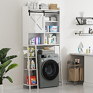 Meilocar Over The Toilet Storage Cabinet, Farmhouse Storage Cabinet Over Toilet with Sliding Barn Doors, Freestanding Bathroom Storage Organizer Cabinet Shelf Space Saving Toilet Rack, White