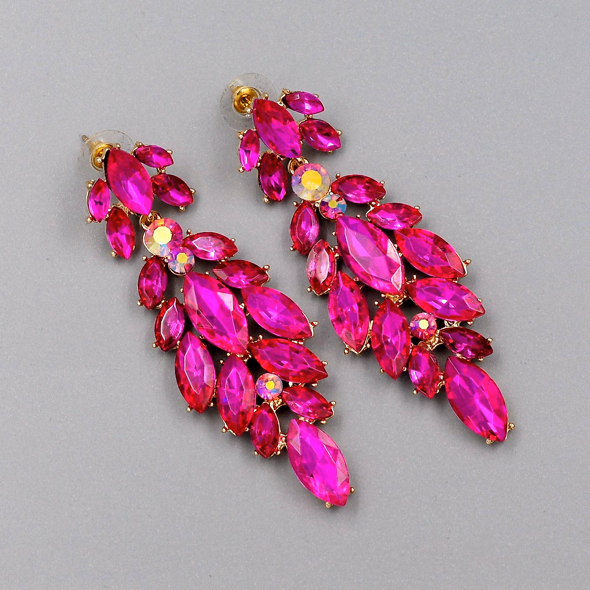 Womens Crystal Rhinestone Dangle Earrings Fuchsia Hot Pink for Proms Wedding Party