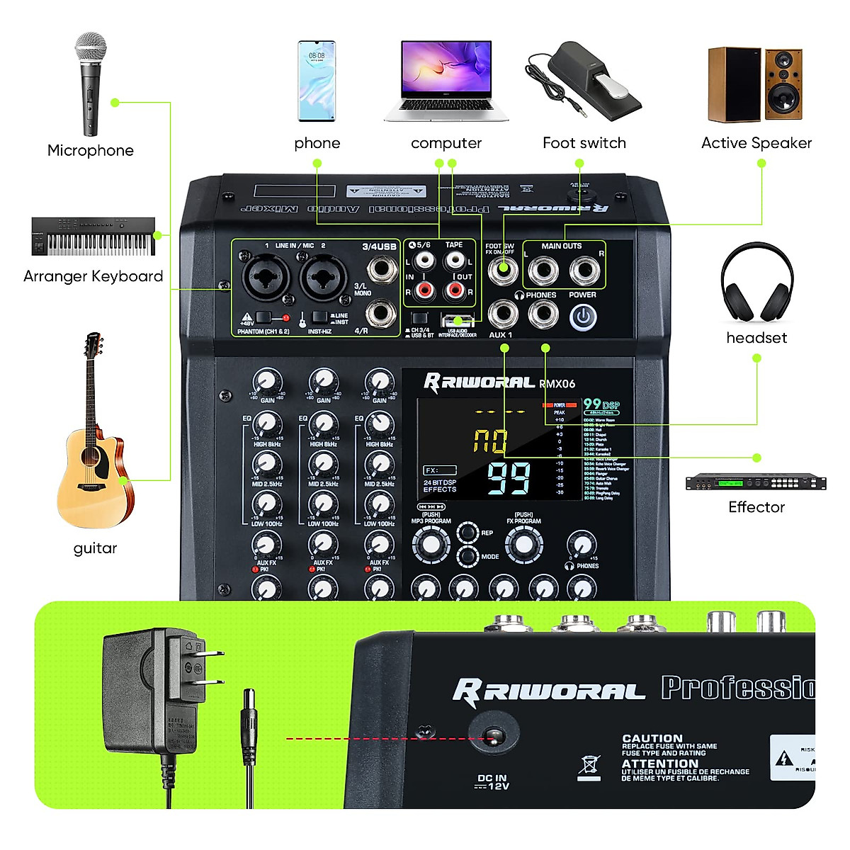 6 Channel Audio Interface Mixer Sound Board 99 DSP Digital Effects With 48khz/24bit Bluetooth USB Rac Interface As Mp3 Player Audio Mixer Feet Switch On/off For Karaoke Dj Studio Streaming Recording