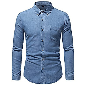 Mens Designer Jeans Shirt Vintage Long Sleeve Soft Cotton Two Pockets Denim Shirts C214-Light Blue XL