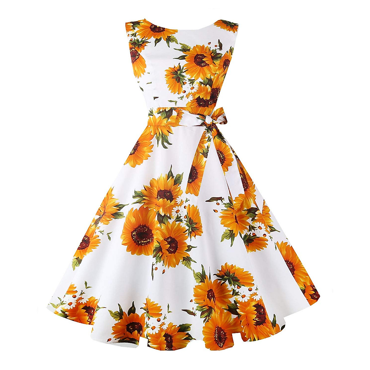 Hanpceirs Women's Boatneck Sleeveless Swing Vintage 1950s Cocktail Dress White Sunflower M New