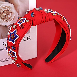ZOLEAROPY American 4th of July Headband for Women USA Star Rhinestone Jeweled Knotted Headband Fourth of July Patriotic Red White Blue Beaded Star Top Knot Wide Hairband Hair Accessories Gift