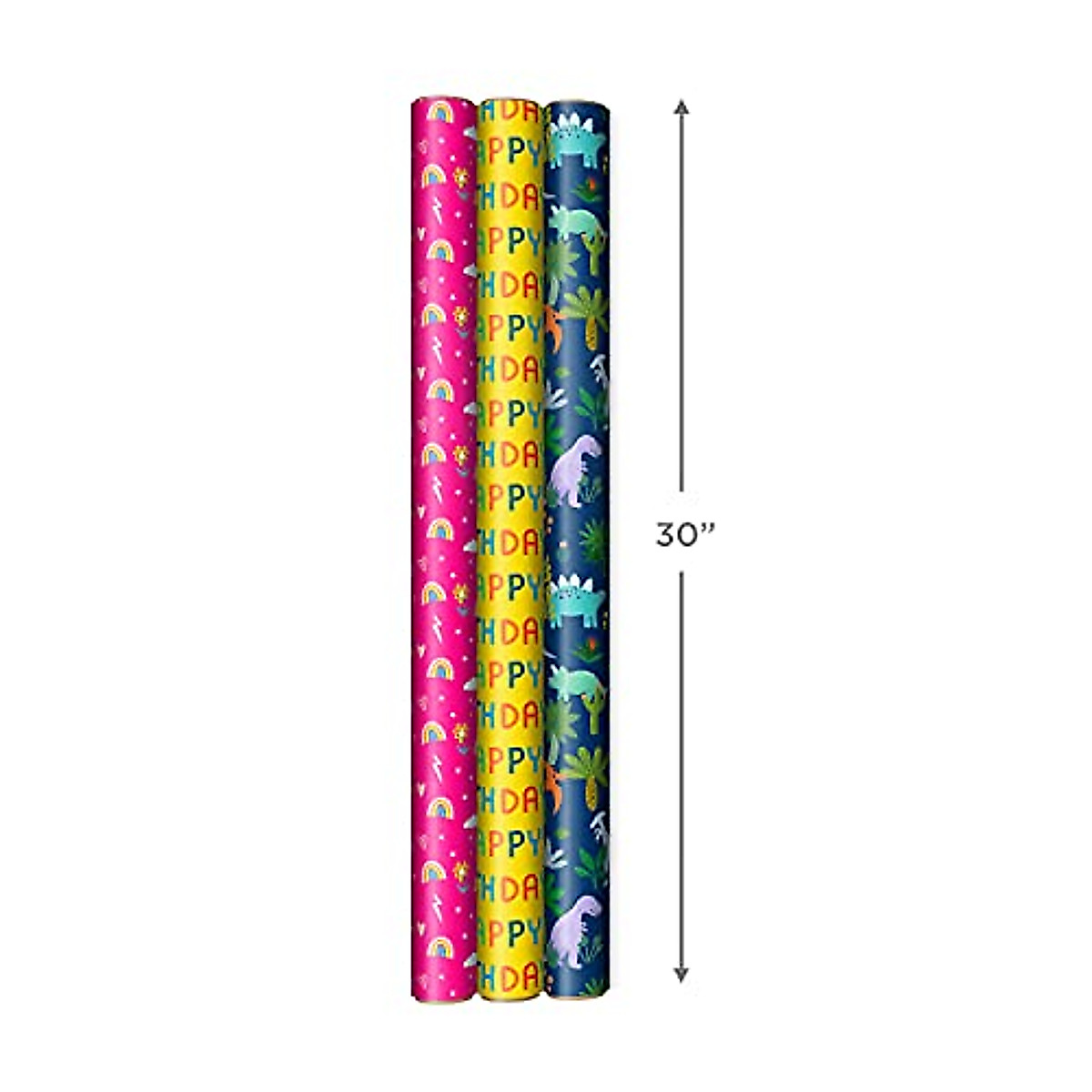 Hallmark Kids Birthday Wrapping Paper (3 Rolls: 75 sq. ft. ttl) Pink Rainbows, Blue Dinosaurs, Yellow "Happy Birthday"