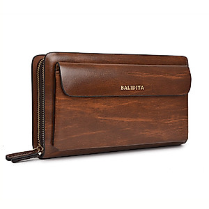 Balidiya Men Clutch Purse Bag Leather Wallet Card Holder Business 2 Zipper Brown