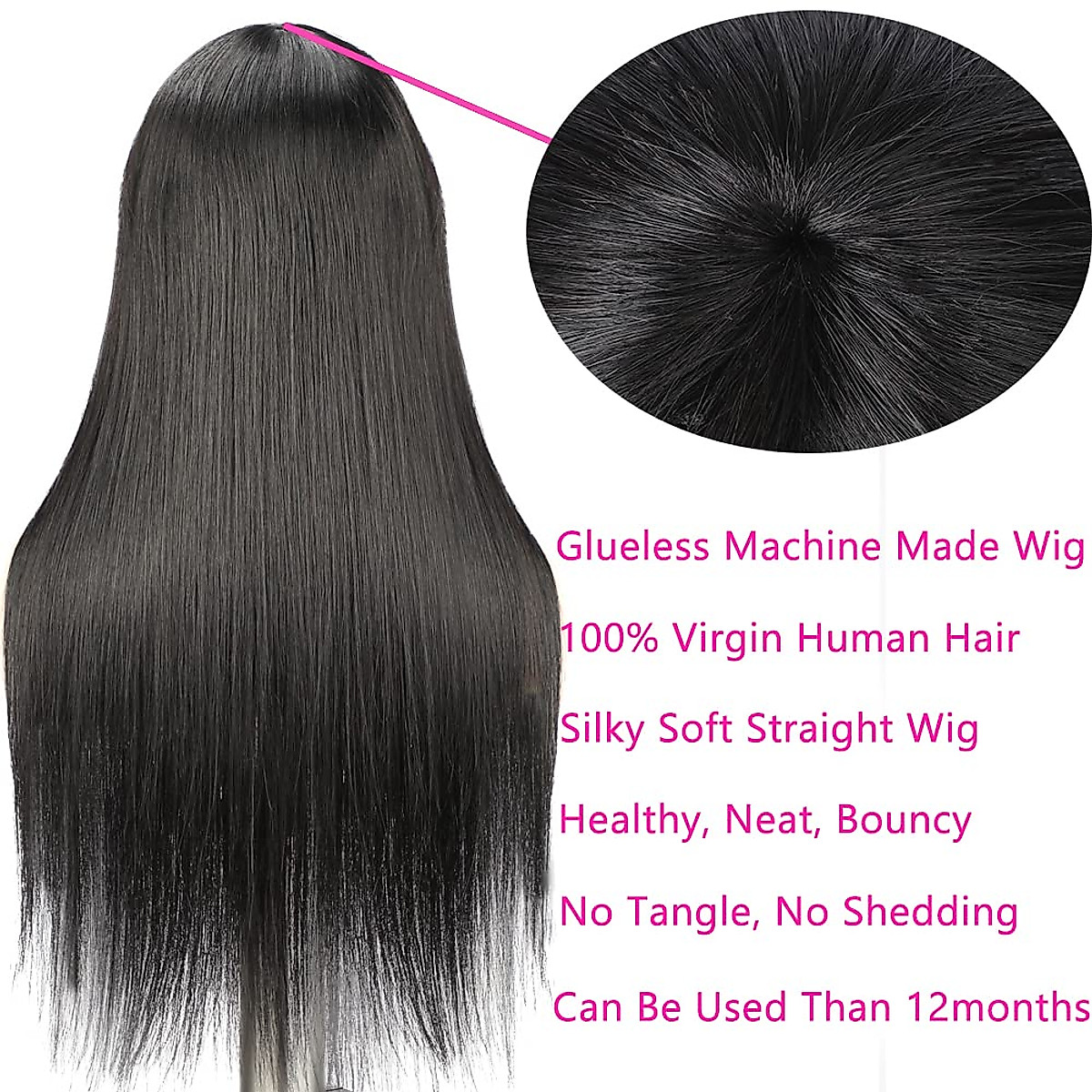 A ALIMICE Black Silky Straight Human Hair Wig with Bangs, 16 Inch, 150% Density, Glueless, 22.5 Inch Cap Size