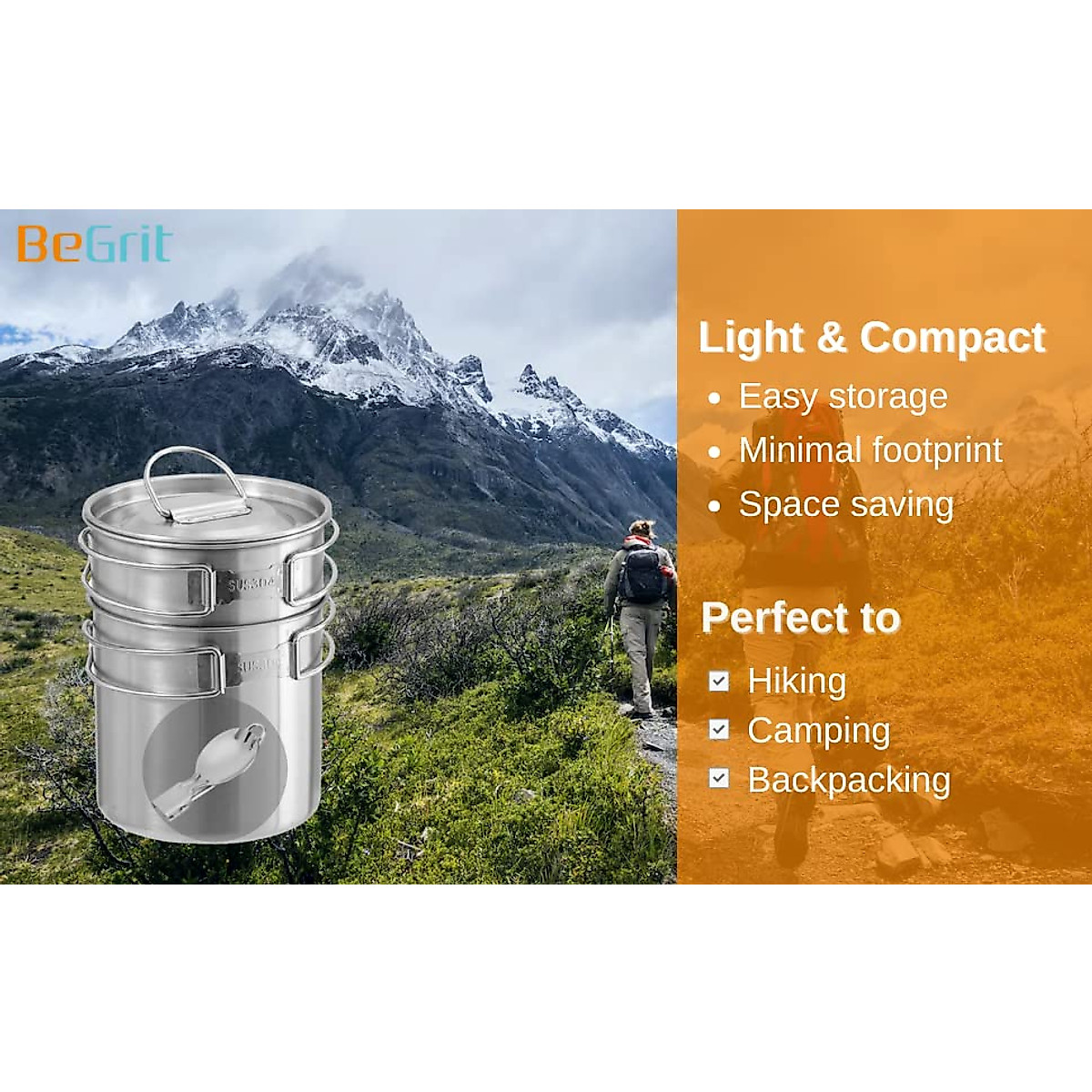 BeGrit Camping Pots Camping Cups and Mugs 304 Stainless Steel with Folding Spoon, Vented Lids