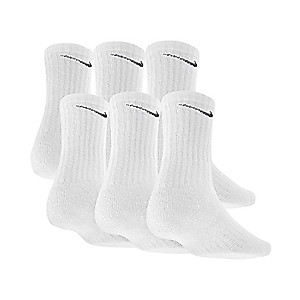NIKE Dri-Fit Classic Cushioned Crew Socks 6 PAIR White with Black Swoosh Logo) LARGE 8-12