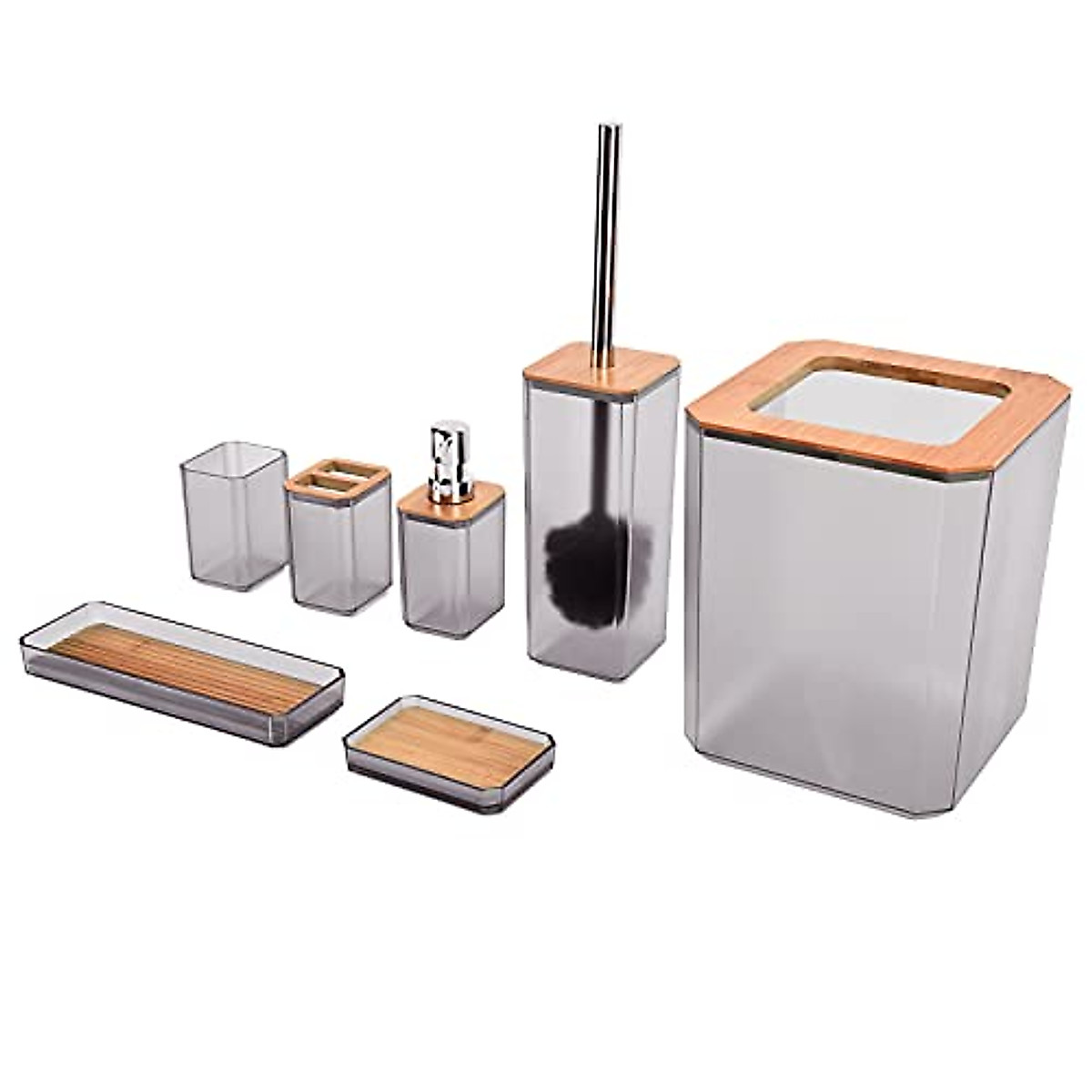 FIYO 7 Pcs Bamboo Bathroom Accessories Set, Bath Accessories Set with Soap Dish, Toothbrush Holder, Cup, Soap Dispenser, Trash Bin, Toilet Brush with Holder for Home Hotel(Grey)