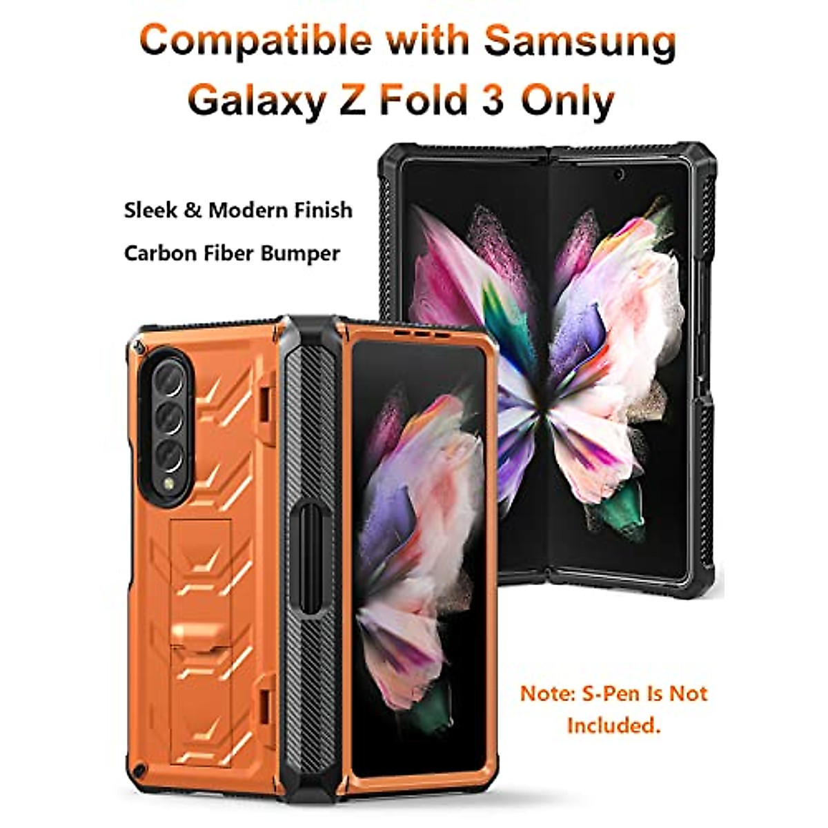 BXYJY for Samsung Galaxy Z Fold 3 Case with S Pen Holder, Built-in Kickstand/HD Screen Protector/Camera & Hinge Protection, 360° Protection Phone Case Cover for Samsung Galaxy Z Fold 3 5g (Orange)