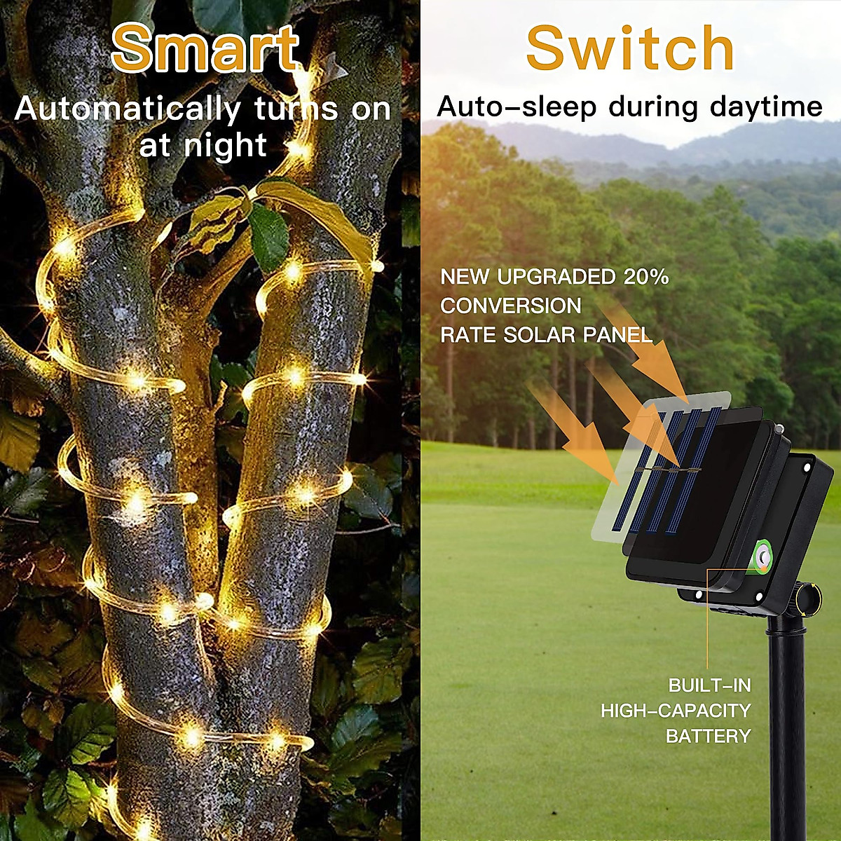 Eueasy 130 LED 42.7ft Solar Rope Lights for Outside with Waterproof PVC Tube,Solar String Lights,Outdoor Decor for Garden, Patio, Fence, Deck, Sidewalk, and Pathway in Warm White