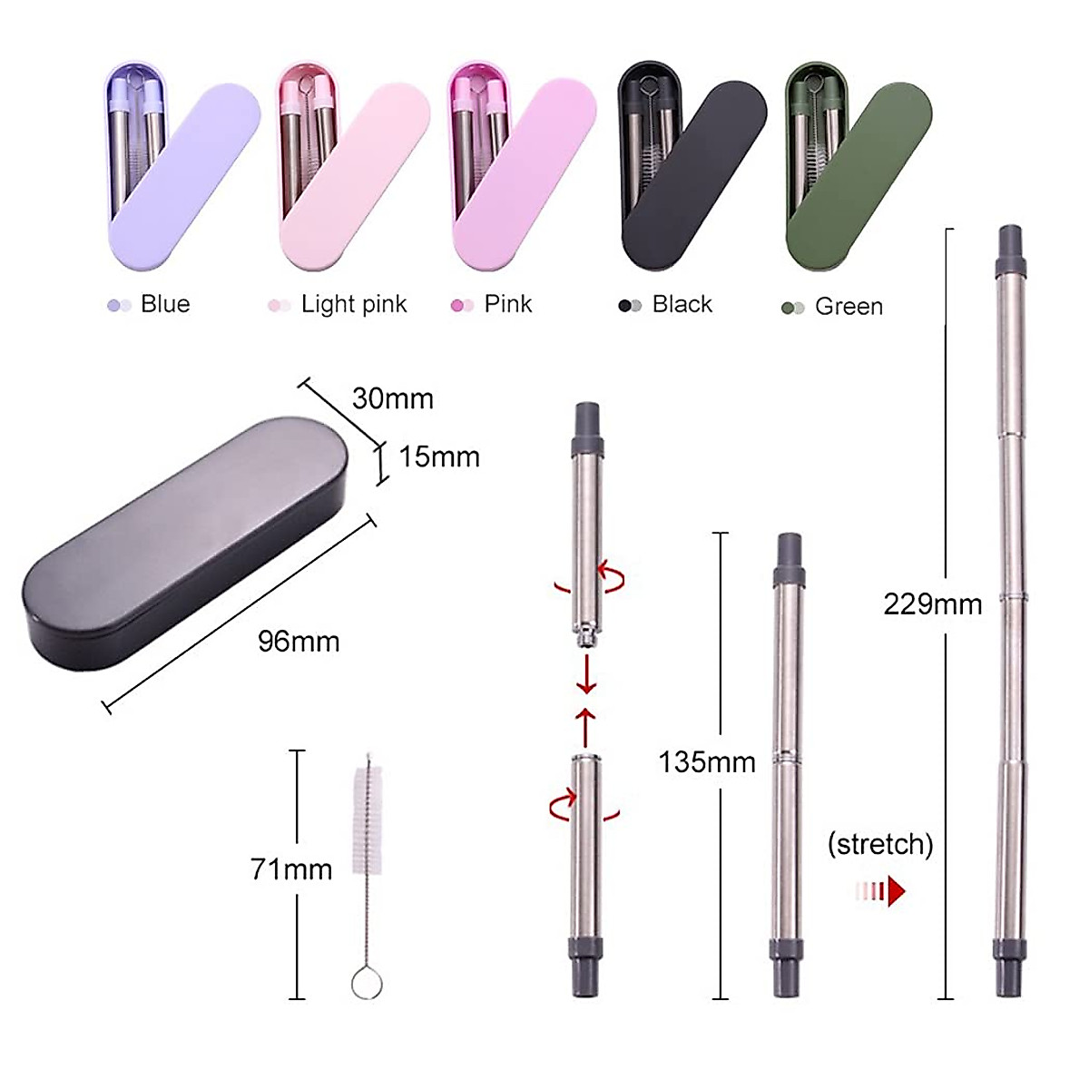 Hoshen Stainless Steel Portable Telescopic Straw, Two-In-One Detachable Telescopic Straw, Detachable, Reusable Straw With Shell, With Cleaning Brush - Deep Pink
