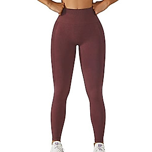QINSEN Womens 4 Way Stretch Yoga Leggings Seamless High Waisted Workout Fitness Pants Wine L