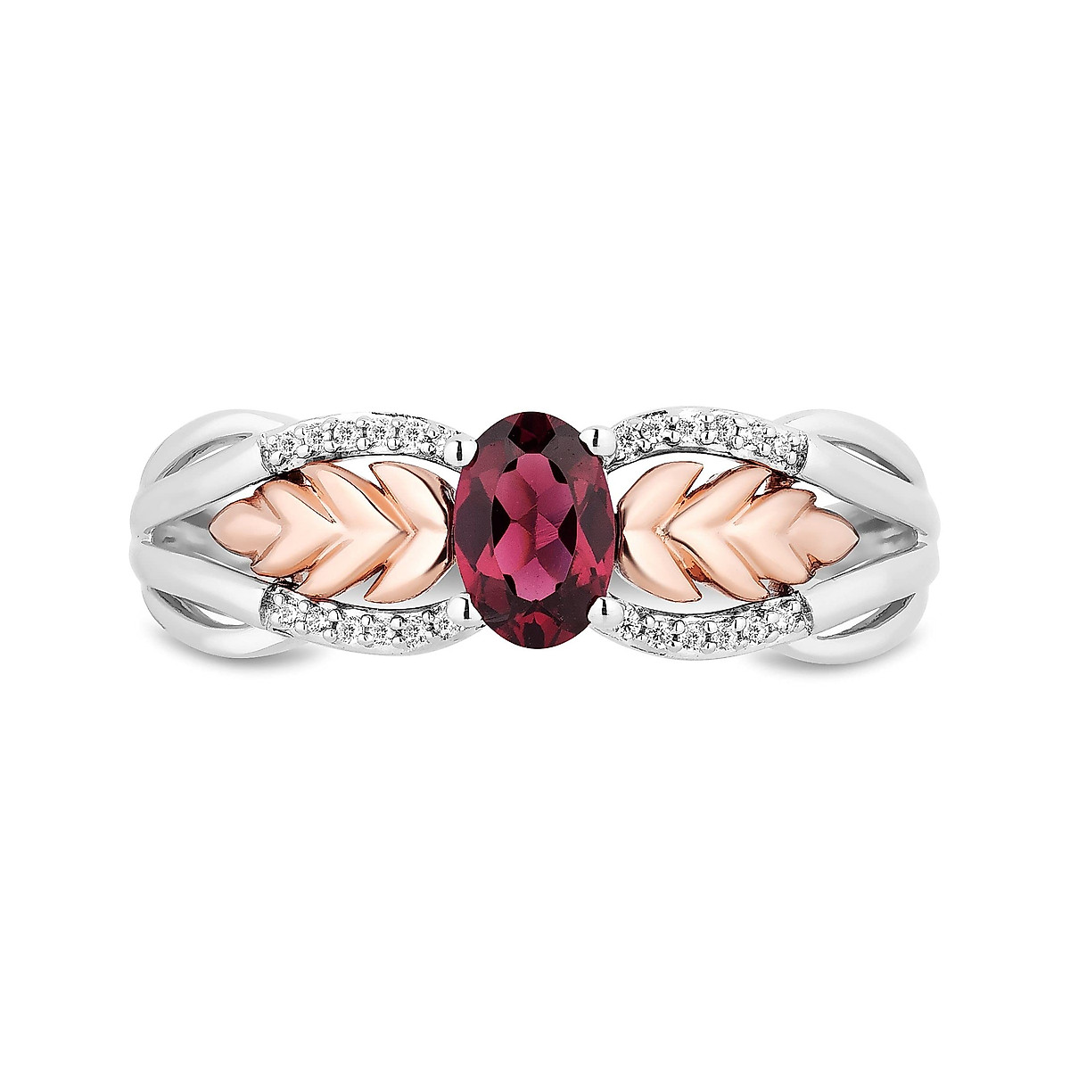 Jewelili Enchanted Disney Fine Jewelry Sterling Silver and 10K Rose Gold 6x4 MM Oval Shape Rhodolite Garnet and Natural White Round Diamond Accents Anna Wheat Ring, Size 7