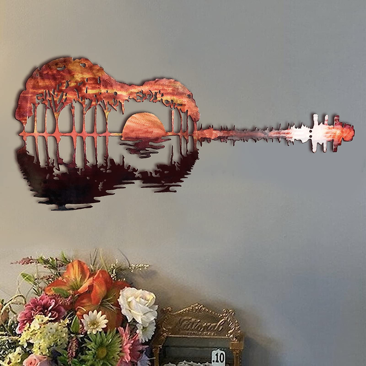 QZFSL 39' Music Guitar Metal Wall Art Decor Iron Guitar Custom Sunset Sign for Music Lovers Gift Musician for Home Bedroom Living Room Garden (Orange)