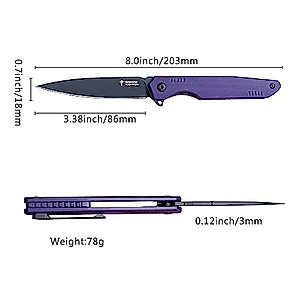 SHOOZIZ HAN312 Pocket Knife Folding Knife for EDC, 3.38" DC53 Steel Blade G10 Handle Folding knife With titanium alloy clip Ceramic ball bearing locating ball Everyday Carry Knife for Men Women (Purple+Black Blade)