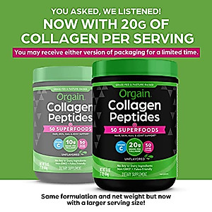 Orgain Hydrolyzed Collagen Peptides Powder + Superfoods, 20g Grass Fed Collagen - Hair, Skin, Nail, & Joint Support Supplement, Paleo & Keto, Non-GMO, Type I and III, 1lb (Packaging May Vary)