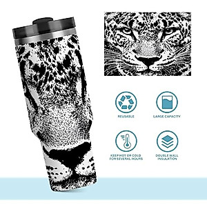 Flradish 30oz Tumbler with Handle, White Black Leopard Portrait Stainless Steel Tumbler with Lid and Straws Double Wall Vacuum Insulated Leakproof Coffee Travel Mug