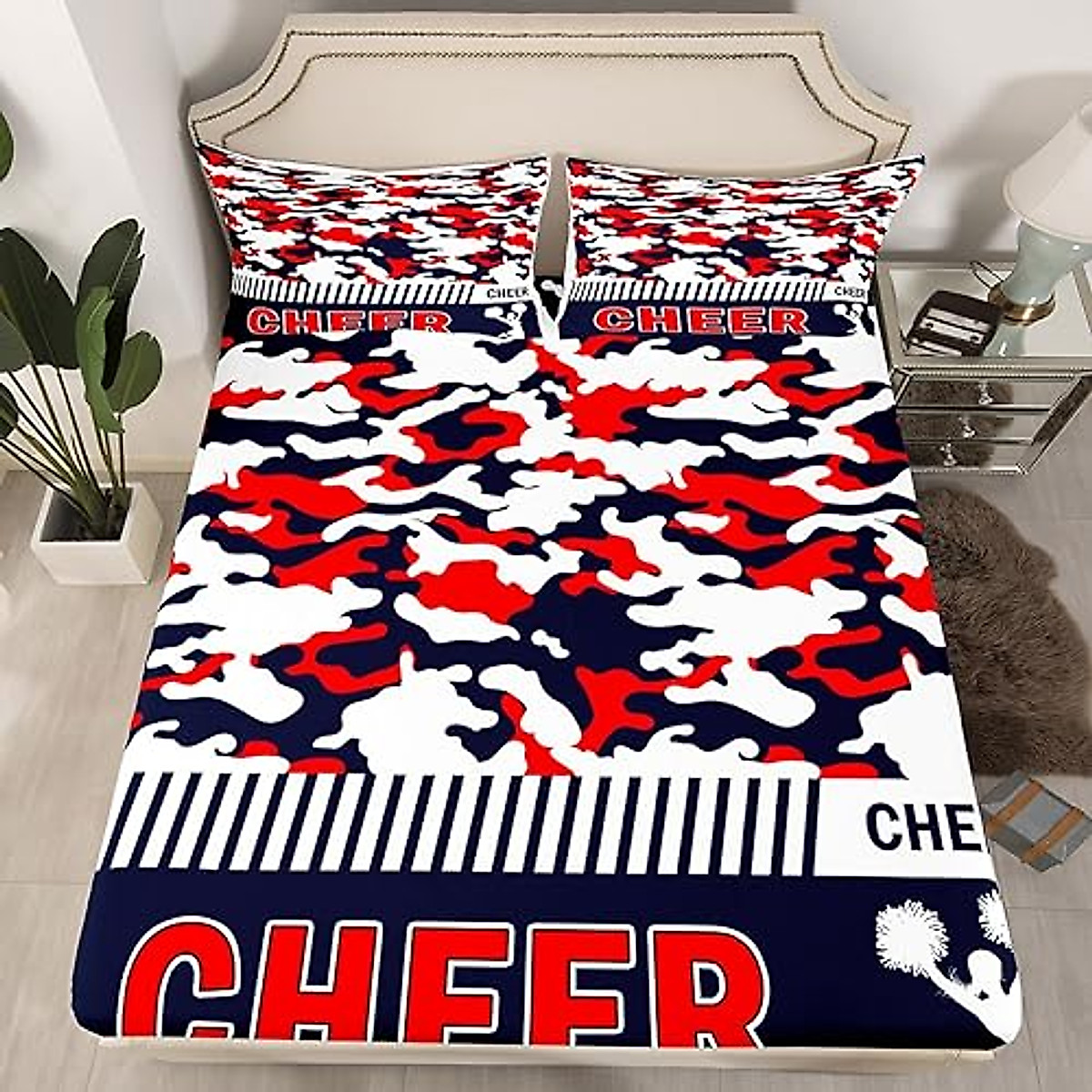 Dreamy Girly Cheerleading Bed Sheet Set 3 Pieces,Gymnastics Dance Microfiber Bedding Set with Flat,Red Camo Geometry Fitted Sheet,2 Pillow Cases,Full Size