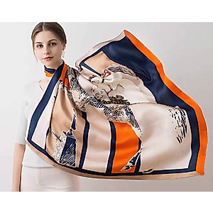 ANDANTINO 100% Pure Mulberry Silk Scarf 35" Large Square Real Silk Headscarf –Women’s Hair Scarves and Wraps (Horse)