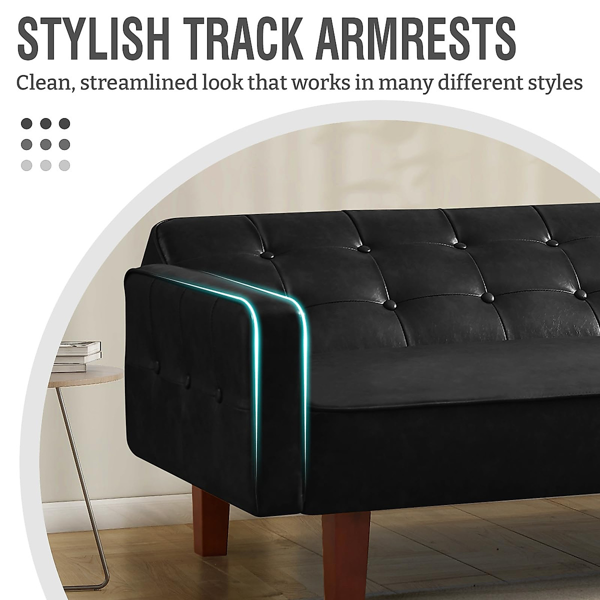 IULULU Futon Sofa Bed, Modern Convertible Faux Leather Sleeper Couch with Armrests for Studio, Office, Apartment, Compact Living, Game Room, Overnight Guests, Retro Black