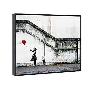 Wieco Art Framed Canvas Wall Art Canvas Prints of Banksy Grafitti Girl with Red Balloon Abstract Artwork for Wall Decor Home Decorations Black Frame