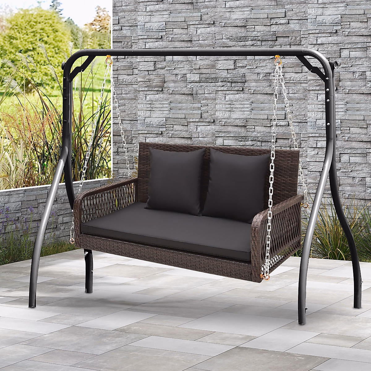 Tangkula Wicker Outdoor Porch Swing, 800 LBS Capacity Outdoor Swing Bench with Hanging Chains, Back and Seat Cushions, 2-Seater Hanging Patio Bench for Deck, Garden, Yard (Black)