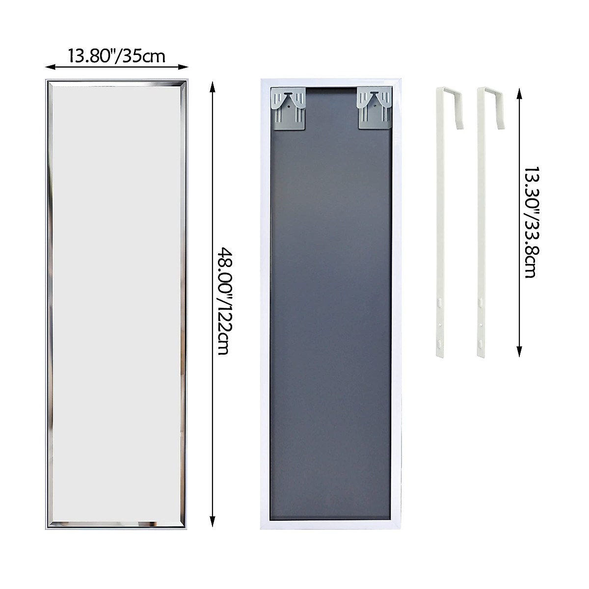 PETAFLOP 14x48 Inch Full Length Mirror Wall Mounted or Over The Door Hanging, Large Body Mirror with Rectangular Framed for Bedroom Bathroom Living Room Decor, White