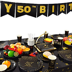 Gatherfun 50th Birthday Party Supplies Disposable Paper Plates Napkins Cups Knives Spoons Forks Tablecloth Banner Number 50 Balloons for Men Woman Black and Gold 50 Birthday Party Decorations Serve 25