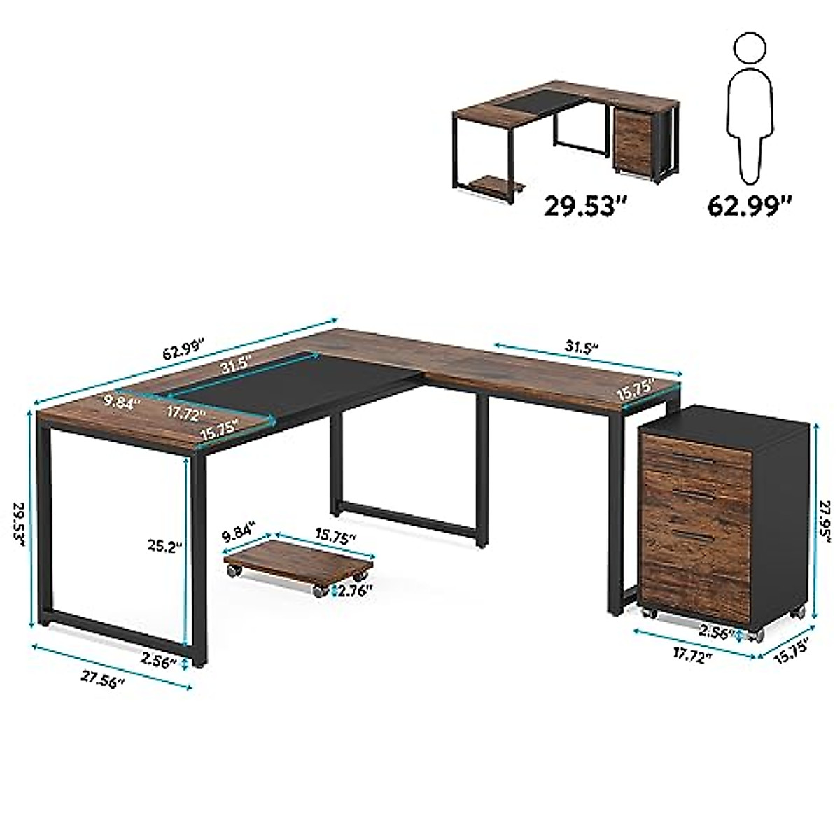 Tribesigns 63" L-Shaped Computer Desk with Mobile File Cabinet, Large Executive Office Desk with 3-Drawer Vertical Filing Cabinet, Business Furniture Sets for Home Office