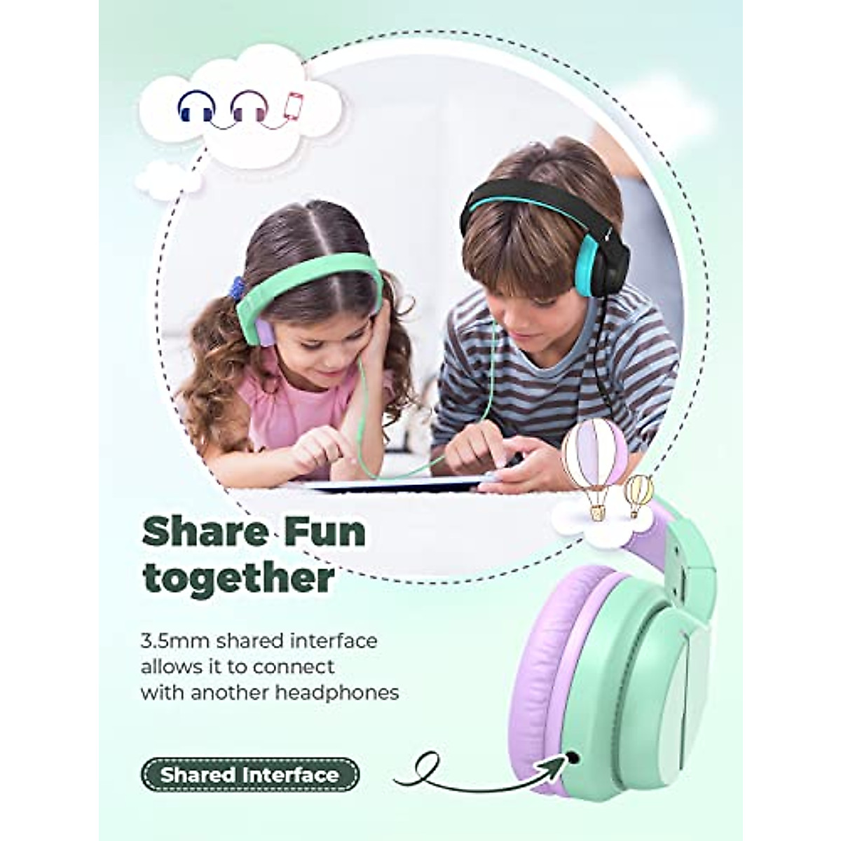 iClever HS19 Kids Headphones with Microphone for School, Volume Limiter 85/94dB, Over-Ear Girls Boys Headphones for Kids with Shareport, Foldable Wired Headphones for iPad/Fire Tablet/Travel, Green