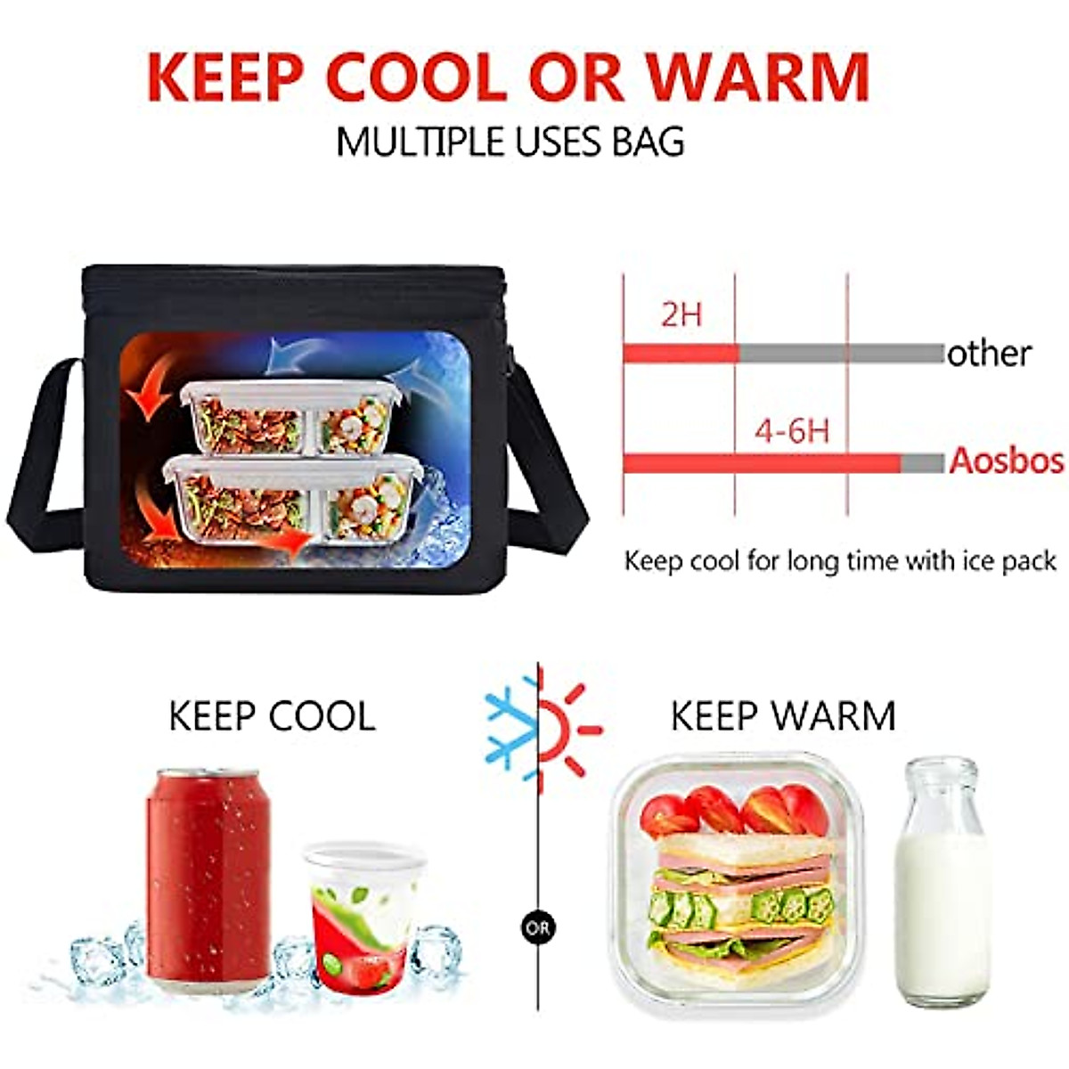 Aosbos Insulated Lunch Box for Men Women Leakproof Cooler Bag Reusable Lunch Tote Bag Adult Lunch Pail Thermal Lunch Boxes Bento Lunch Box Bag 7.5L Black
