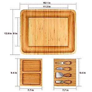 Bamboo Cheese Board and Knife Set,Cheese Servers with Hidden Drawer,Charcuterie Platter and Cheese Serving Tray for Wine, Crackers,Brie and Meat
