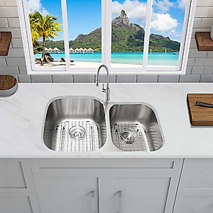 KABCO 32 Inch Double Unequal Bowl Classic Kitchen Sink with Sink Strainers, Sink Grids, Rolling Up Grid and a Removable Garbage Basket 16 Gauge Undermount Rust, Sound and Heatproof