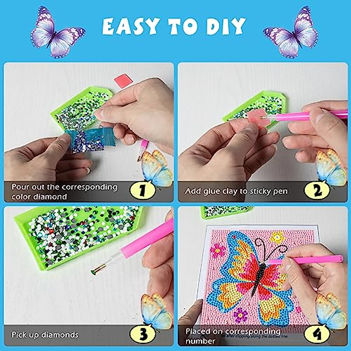 QEUOYSS Diamond Painting Kit for Kids with Wooden Frame Art and Crafts for Kids Ages 6-8 -10-12 Easy to DIY Diamond Art for Kids and Adult Beginners Home Wall Decoration (Butterfly)
