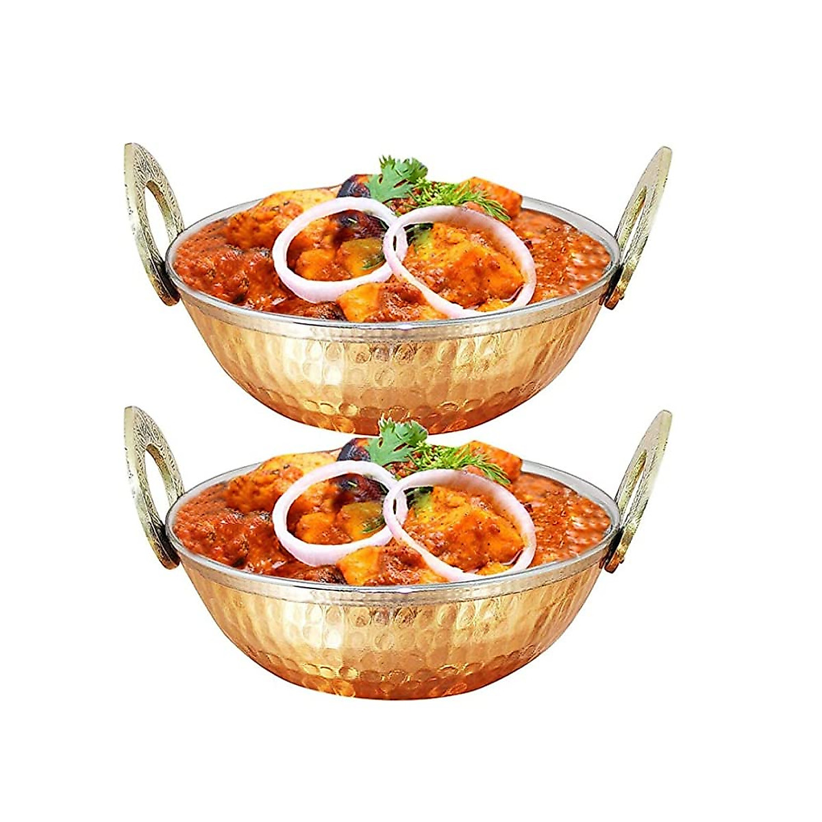 Genx Set of 4, Indian Copper Serveware Karahi Vegetable Dinner Bowl with Solid Brass Handle for Indian Food, Diameter- 13 Cm (5.2 Inches)