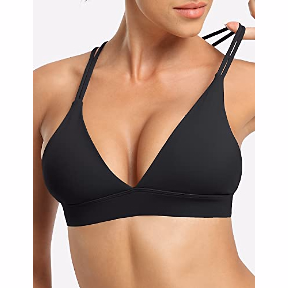 YEOREO Bella Sports Bra for Women V-Neck Strappy Criss-Cross Back Yoga Bra Padded Fitness Crop Top Black L