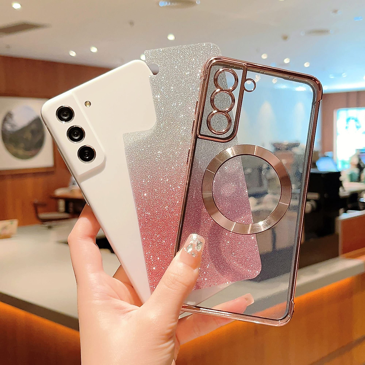 phylla for Samsung Galaxy S21 FE Magnetic Gradient Glitter Phone Case Compatible with Magsafe Luruxy Plated Cute Bling Clear Cover for Women Soft Silicone Shockproof Bumper for S21 FE 5G 6.4” (Gold)