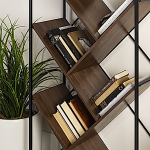 Walker Edison Modern V-Shaped Open Shelf Metal Wood Bookcase Tall Bookshelf Storage Home Office, 68 Inch, Dark Walnut