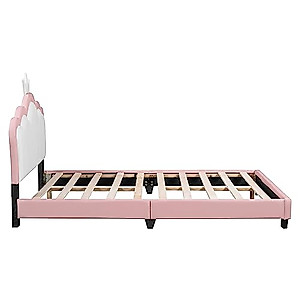 GYYBED Full Size Upholstered Princess Bed with Crown Headboard,Full Bed Frames for Girls Full Bed Frame Girl Full Size Bed Frames for Girls Full Bed Frames for Kids (White+Pink, Full)