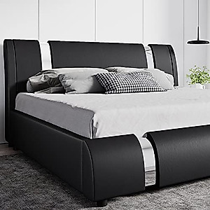 SHA CERLIN Bed Frame Queen Size with Iron Pieces Decor and Adjustable Headboard/Modern Faux Leather Deluxe Upholstered Platform Bed with Solid Wooden Slats Support/No Box Spring Needed, Black