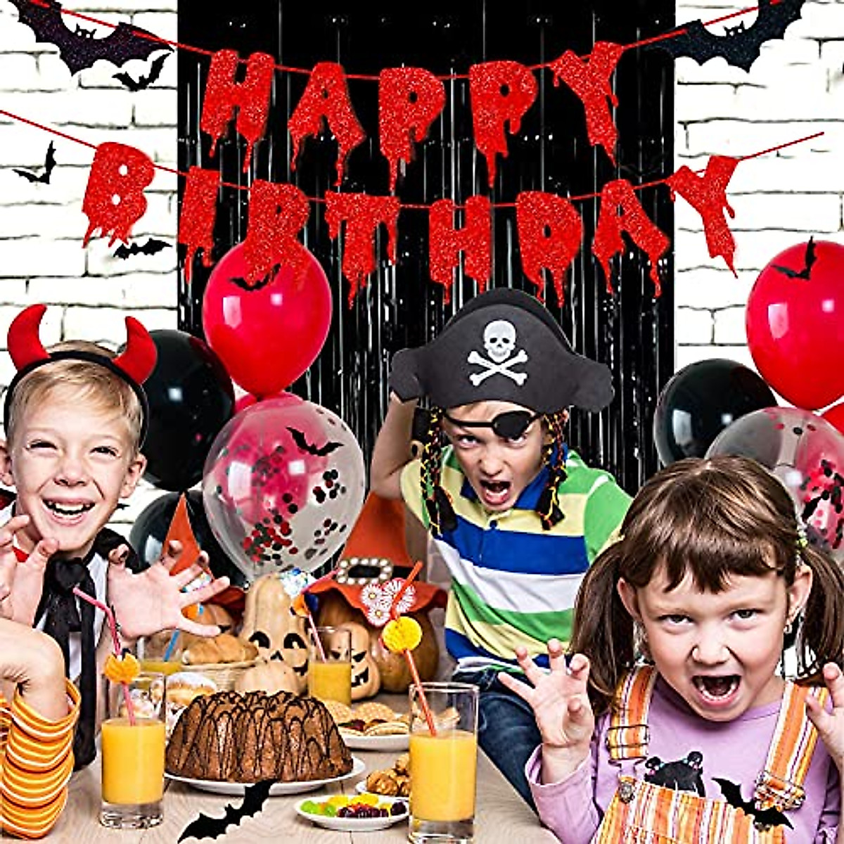 Red Glittery Happy Birthday Halloween Banner Black Foil Curtains Backdrop 3D Bat Sticker and Latex Balloons Confetti Balloon for Birthday Party Decorations Scary Party Supplies