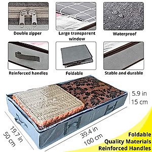 Large Underbed Storage Bags - 2 Pack Foldable Under Bed Organizer Bins with Clear Window, Zipper and Reinforced Handles for Toys, Blankets and Clothes + 2 Shoe Bags