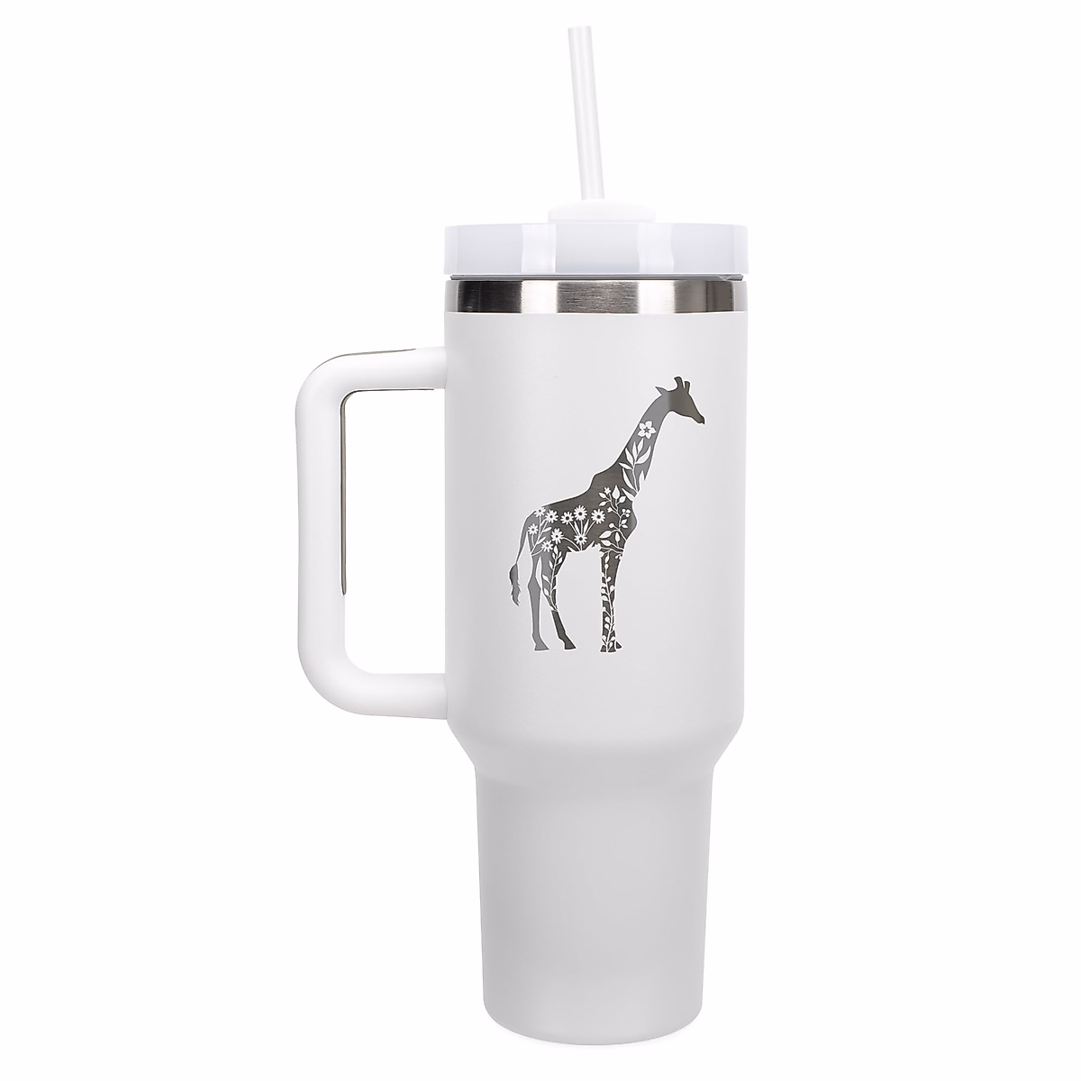 Elanze Designs Giraffe Growing Wildflower Animal Floral Motif 40 Oz. Stainless Steel Water Bottle Coffee Mug, Spill & Leak Resistant, Travel Tumbler with Handle, Lid & Straw, White
