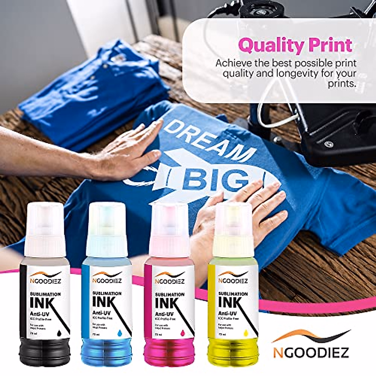 NGOODIEZ Sublimation Ink for Epson All Ecotank, Supertank Inkjet Printers Autofill, ICC-Free, Anti-UV and Fade Resistance - Conversion Kit/Refill ET2720 2803 4800 7720-4x70 ml (1 B, 1 C, 1 M, 1 Y)