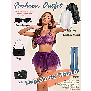 Avidlove Lingerie for Women Strap Babydoll Bodysuit with Garter Belts (Purple, Small)