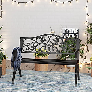 PHI VILLA 50-Inch Cast Iron Steel Frame Garden Bench Outdoor Patio Bench Chair w/Floral Design Backrest, Slatted Seat for Park, Yard & Porch, Black