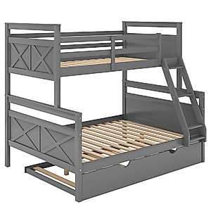 Twin Over Full Bunk Bed with Trundle Bed, Wood Bunk Bed Twin Over Full with Safety Guardrail and Ladder, Convertible to 3 Separated Beds, Perfect for Kids, Adults, Teens Bedroom Furniture (Grey)