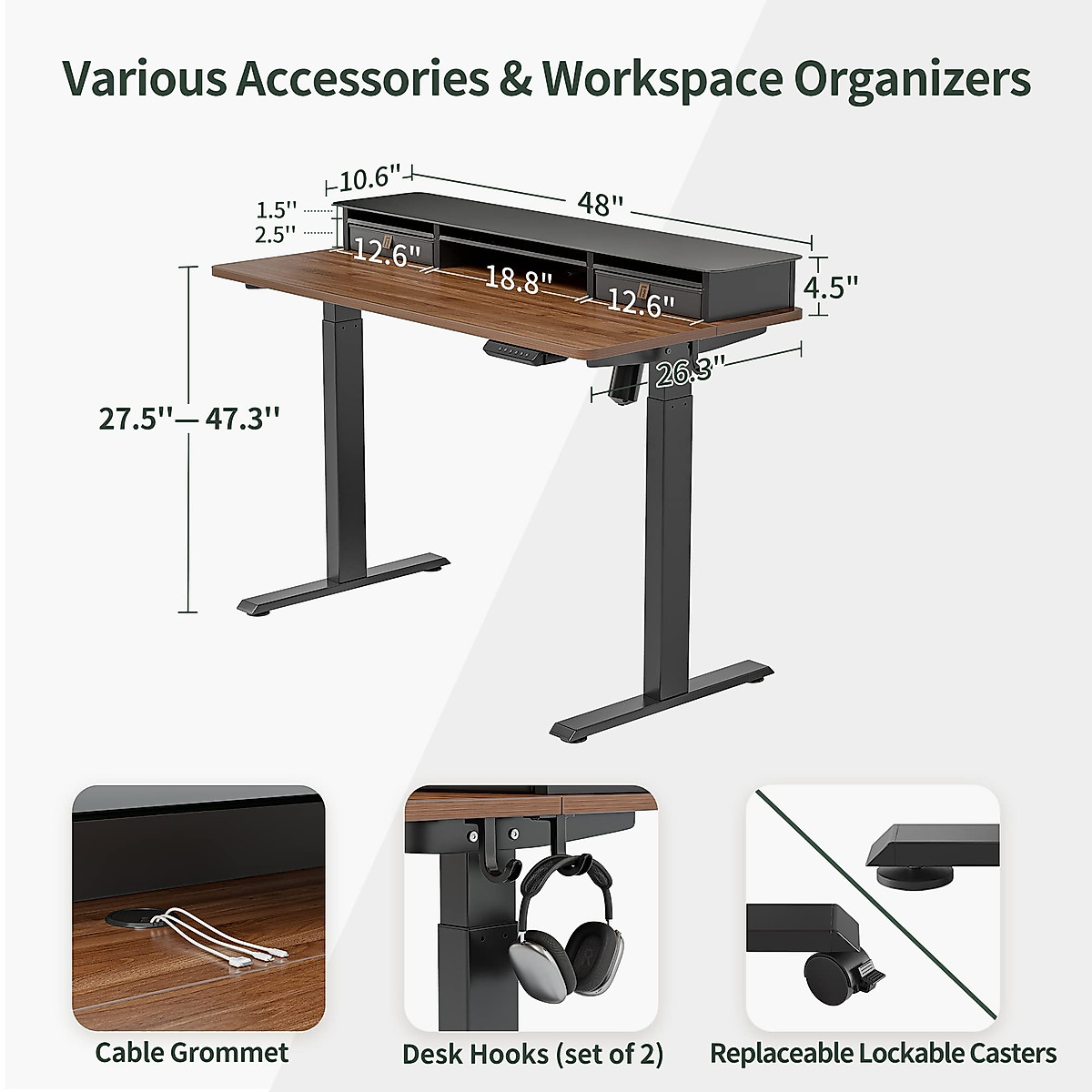 FEZIBO Electric Standing Desk with Glass Top Monitor Stand,48 x 26 Inch with File Cabinet