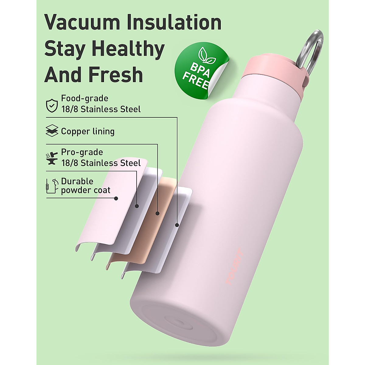 TOURIT 20oz Insulated Stainless Steel Water Bottle with Straw & Handle, Double Wall Vacuum Leakproof BPA-Free Thermos for Sports Travel, Pink